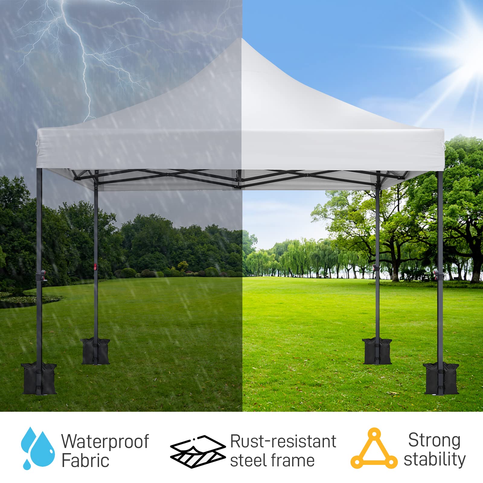10x10 FT Pop Up Canopy Tent, Commercial Instant Heavy Duty Canopy, 500D Waterproof Adjustable Canopy with Wheeled Carry Bag, 4 Sandbags & 4 Stakes (White)
