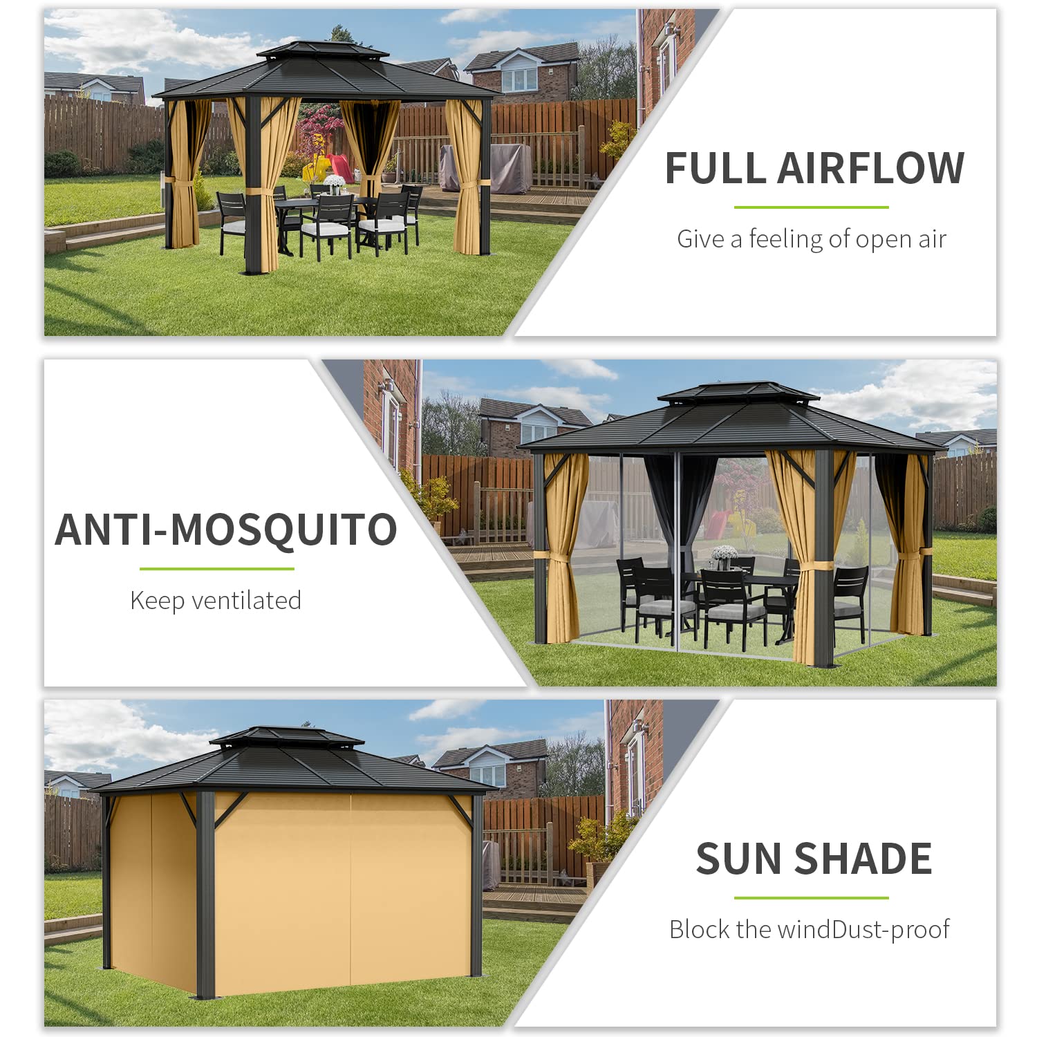 Aoxun 10'x12' Hardtop Gazebo, Outdoor Galvanized Double Roof Gazebo with Aluminum Frame Permanent Pavilion and Curtains & Netting for Backyard, Patio, Deck, Parties (Brown)