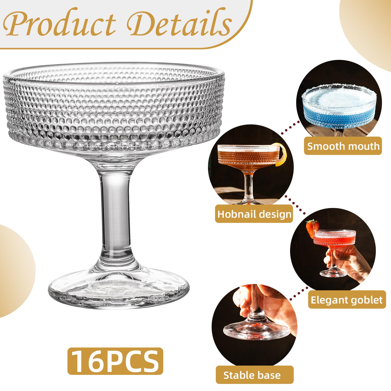 4 Pcs Martini Glasses, 7 oz Vintage Cocktail Coupe Glasses Set, Unique Beaded Glass, Classic Cocktail Galssware, Bar Drinking Glasses Set, Pefect for Cocktail, Wine, Champagne(4Pcs)