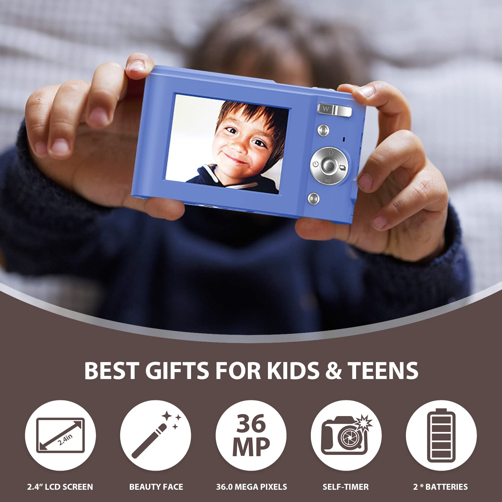 IEBRT Digital Camera,1080P Mini Vlogging Camera Video Camera LCD Screen 16X Digital Zoom 36MP Rechargeable Point and Shoot Camera for Compact Portable Kids Teens Gift (2.4 inch Blue)