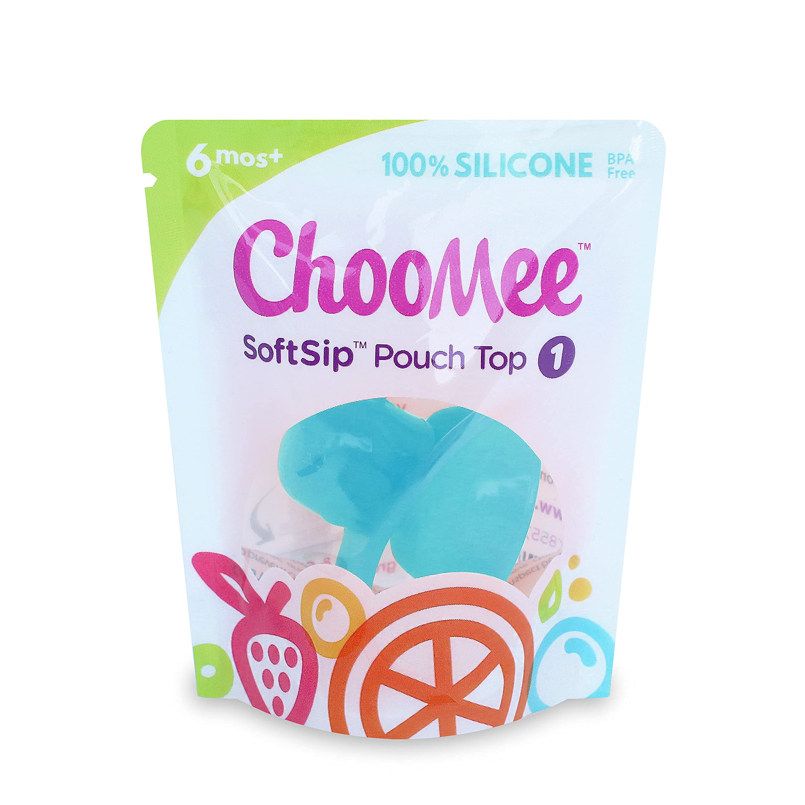 ChooMee Replacement Caps for Reusable Food Pouches | Includes SoftSip Silicone Flow Control Pouch Top | 6 White Caps + 1 Aqua SoftSip