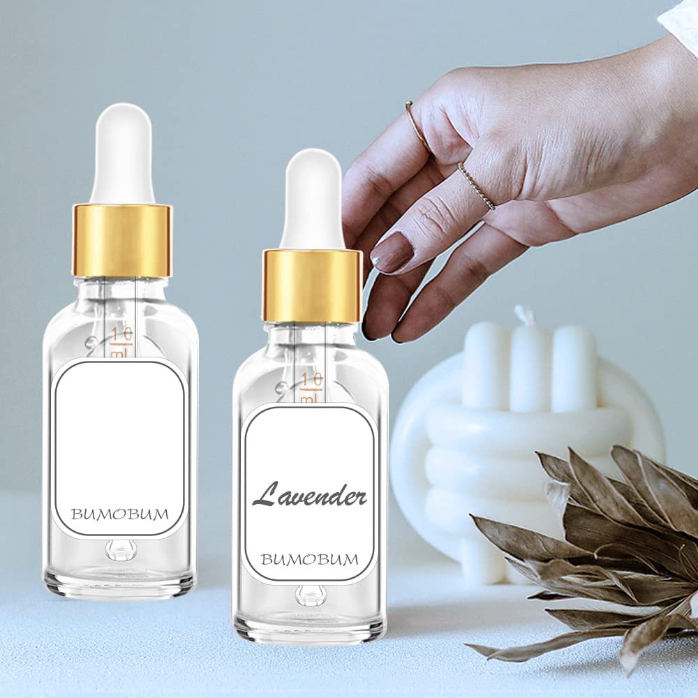 Bumobum Dropper Bottle Clear 1 oz, 30 ml Glass Dropper Bottles with Measurement and Golden Top Cap for Essential Oils, 2 pack Tincture Bottle with Labels and Funnel