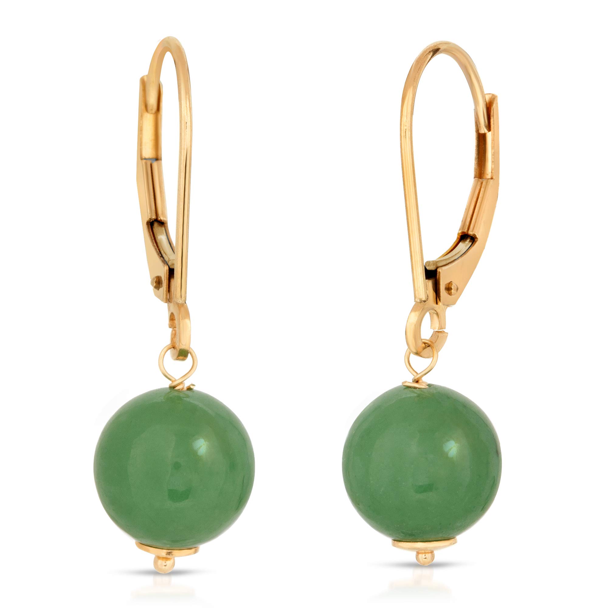 14K Yellow Gold Real 10mm Jade Leverback Earrings (Green Jade)