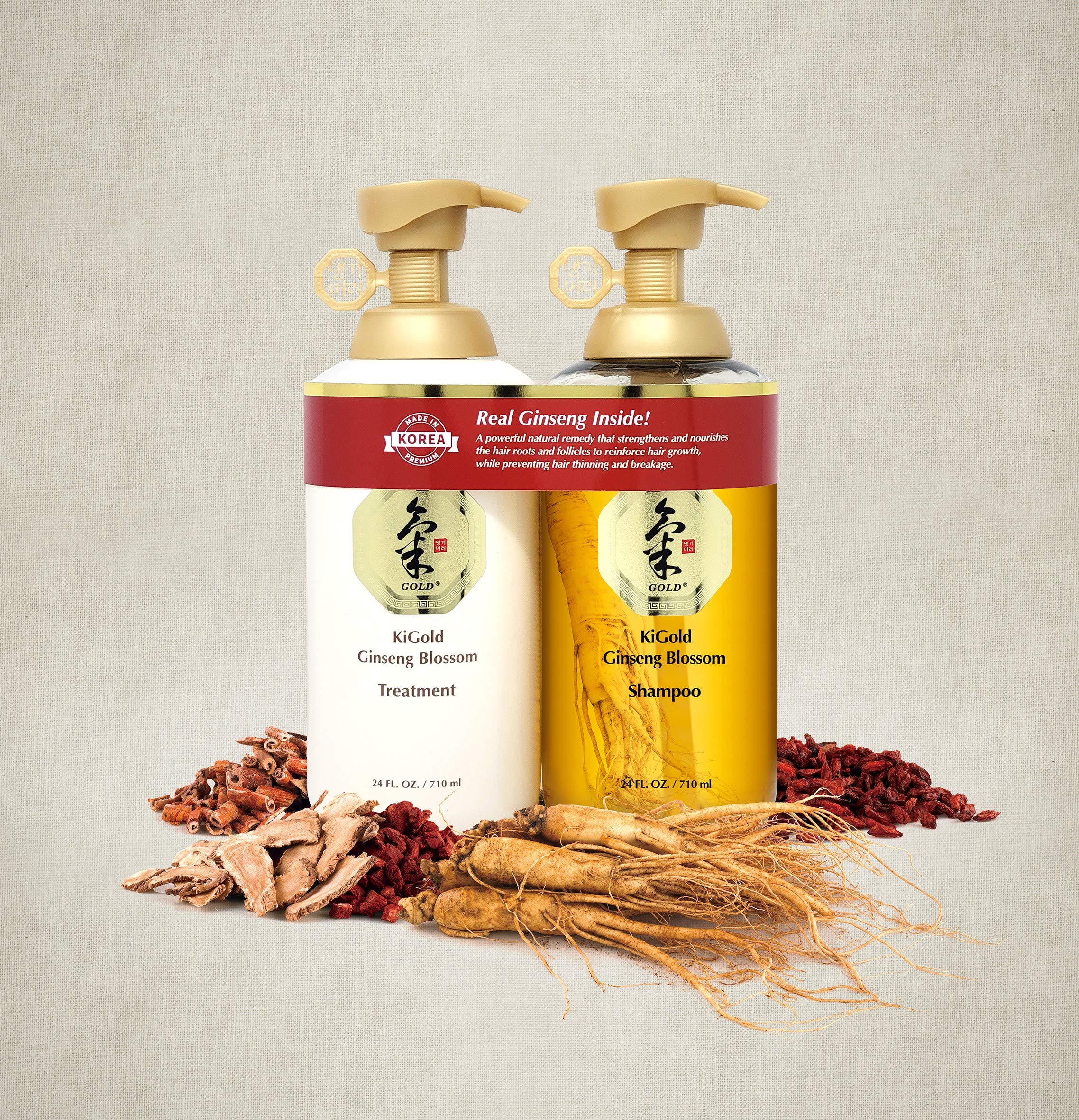 Daeng Gi Meo Ri - Ki Gold Ginseng Blossom Shampoo & Treatment Set, Real Ginseng Inside, Herbal Shampoo, Hair Growth, Preventing Hair Loss, 710ml each