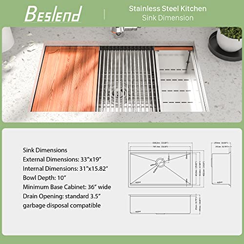 33 Inch Undermount Kitchen Sink - Beslend 33x19 Inch Undermount Sink Ledge Workstation Kitchen Sink Stainless Steel 16 Gauge 10 Inch Deep Single Bowl Kitchen Sink