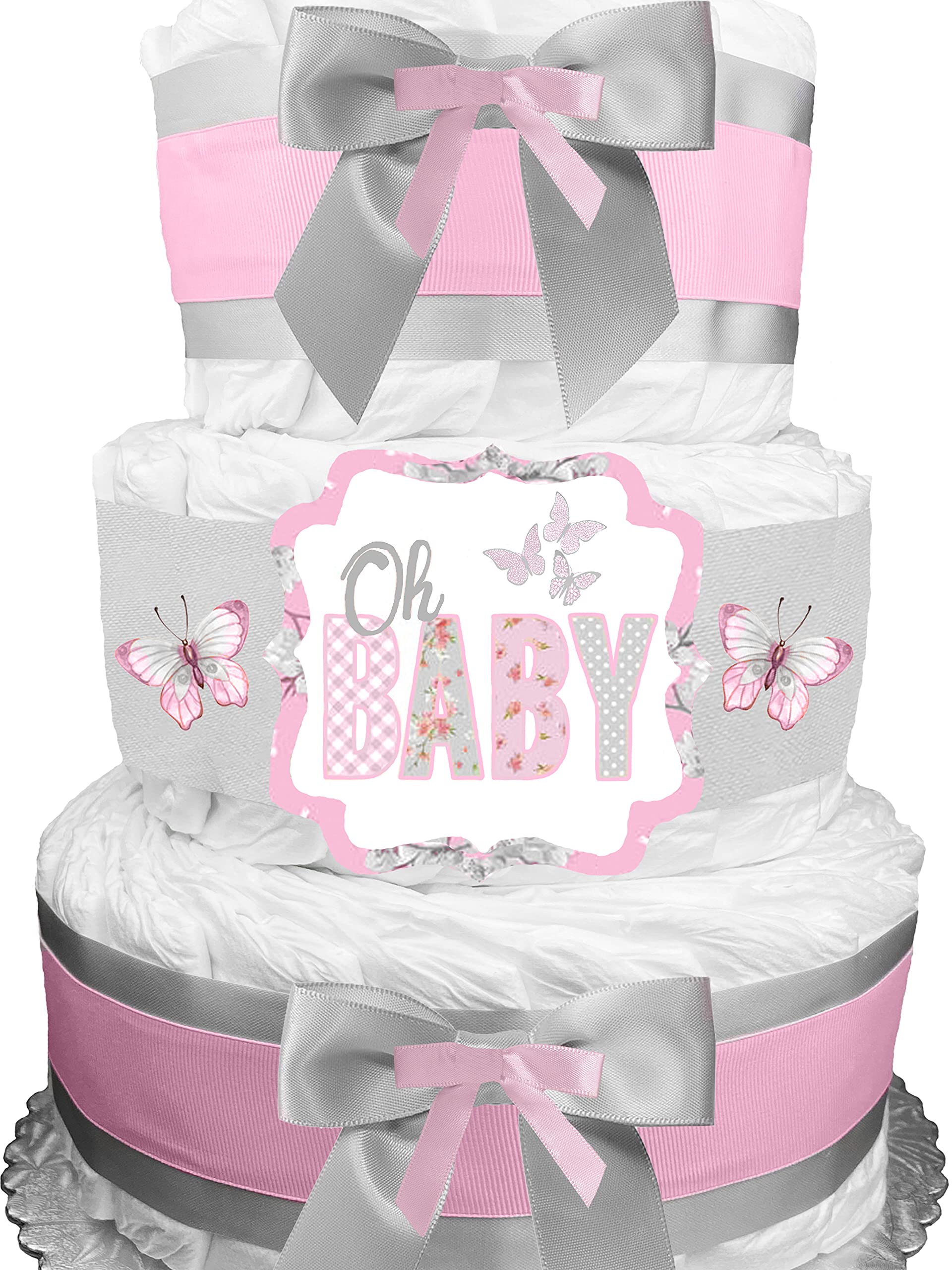 Shabby Chic Diaper Cake - Butterflies - Girl Baby Gift - Pink and Gray