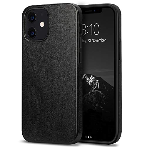 TENDLIN Compatible with iPhone 12 Case/iPhone 12 Pro Case Premium Leather TPU Hybrid Case (Black)