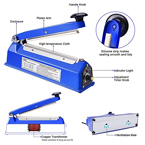 Suteck 8 inch Impulse Bag Sealer, Manual Poly Bag Sealing Machine w/Adjustable Timer Electric Heat Seal Closer with 50Pcs 4X6 Inch Shrink Wrap Bag and 2 Free Replacement Kit (Sapphire)