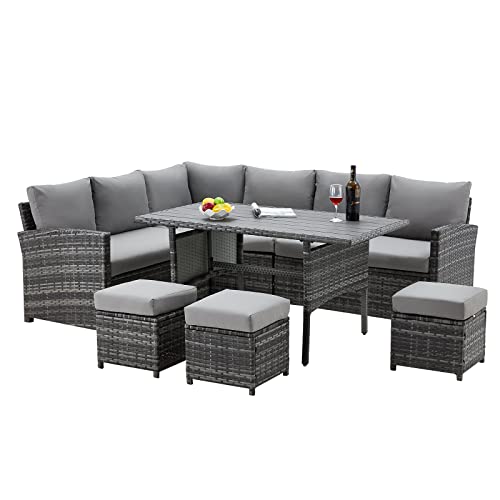 AECOJOY Patio Furniture Set, 7 Pieces Outdoor Patio Furniture with Dining Table&Chair, All Weather Wicker Conversation Set with Ottoman,Grey