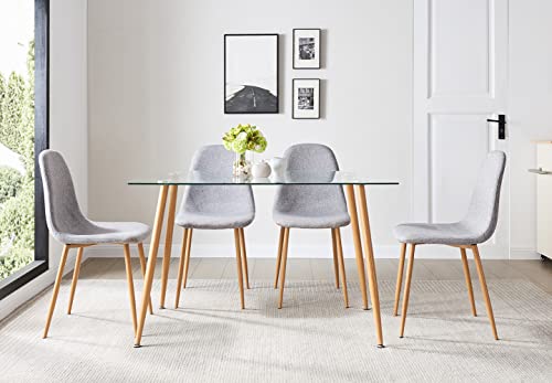 Bacyion Modern Dining Room Table Set 5 Pieces Dining Table Set for 4 - Rectangle Glass Dining Table with 4 Grey Fabric Dining Chairs - Kitchen & Dining Room Sets for Dining Room Kitchen