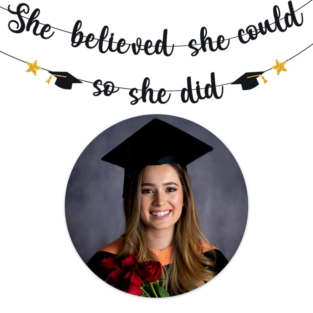 2024 Graduation Banner, Glittery She Believed She Could So She Did Banner Garland Photo Props Banner for Party Home Classroom Decorations⦠(Black)
