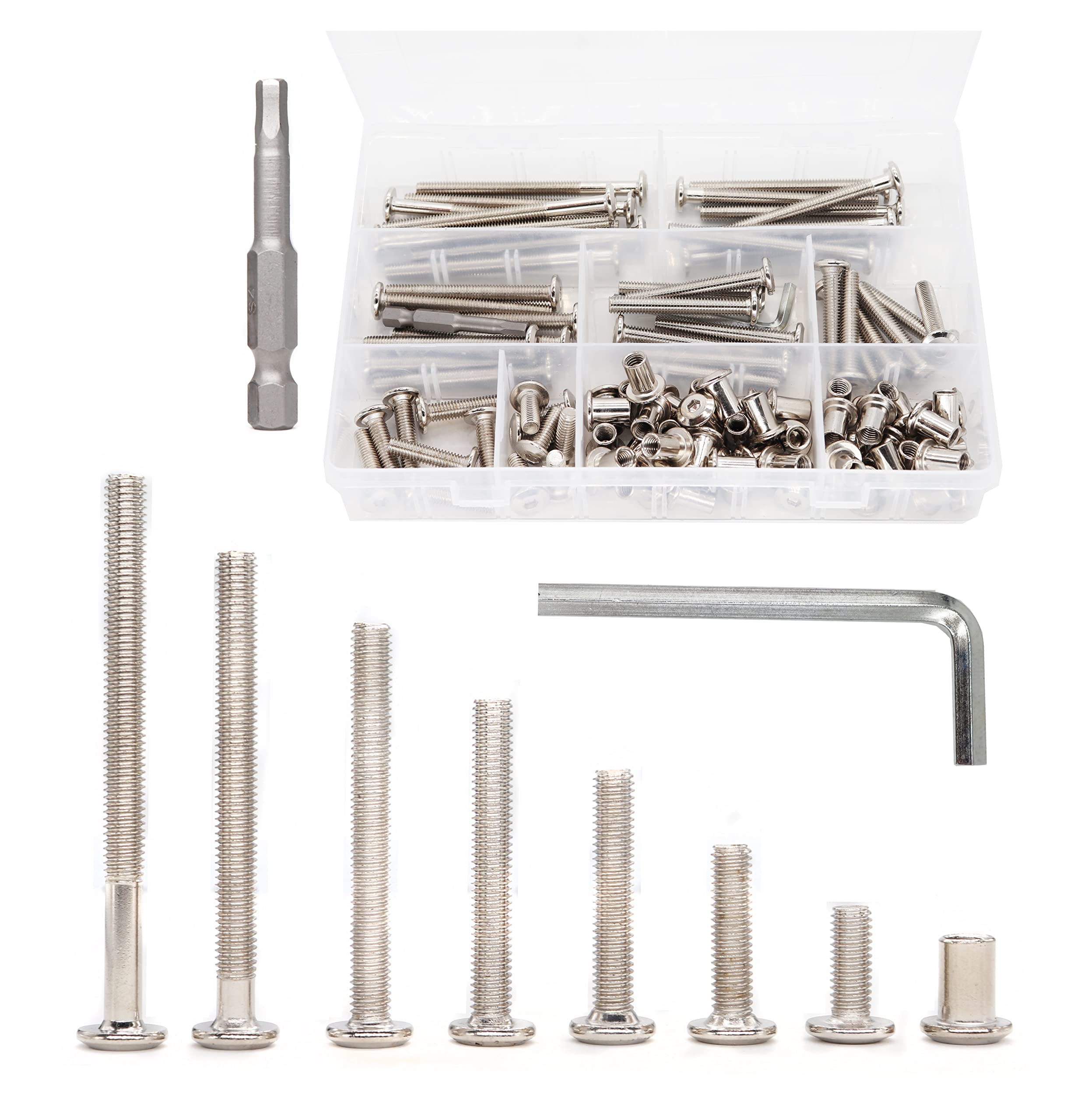 binifiMux 100pcs Rivet Countersunk Hex Socket Cap Bolts and Hex Head Barrel Nuts Assortment Kit for Furnitures Cribs Chairs, M6x20mm/ 30mm/ 40mm/ 50mm/ 60mm/ 70mm/ 80mm,Nickel Plated