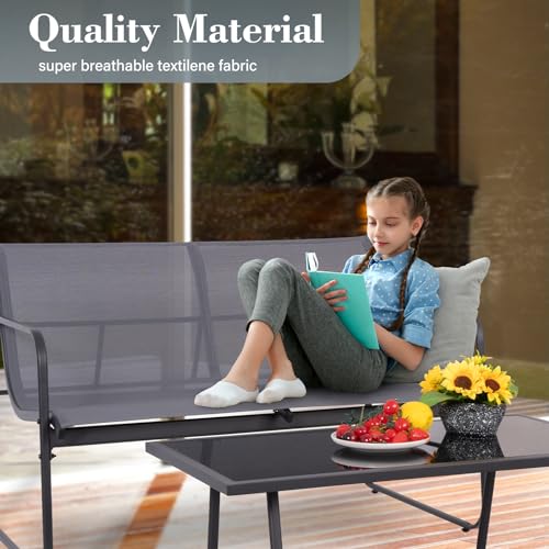 4 Piece Patio Furniture Set, Outdoor Conversations Sets for Patio, Lawn, Garden, Poolside with a Glass Coffee Table, Heathered Grey Fabric with Black Frame