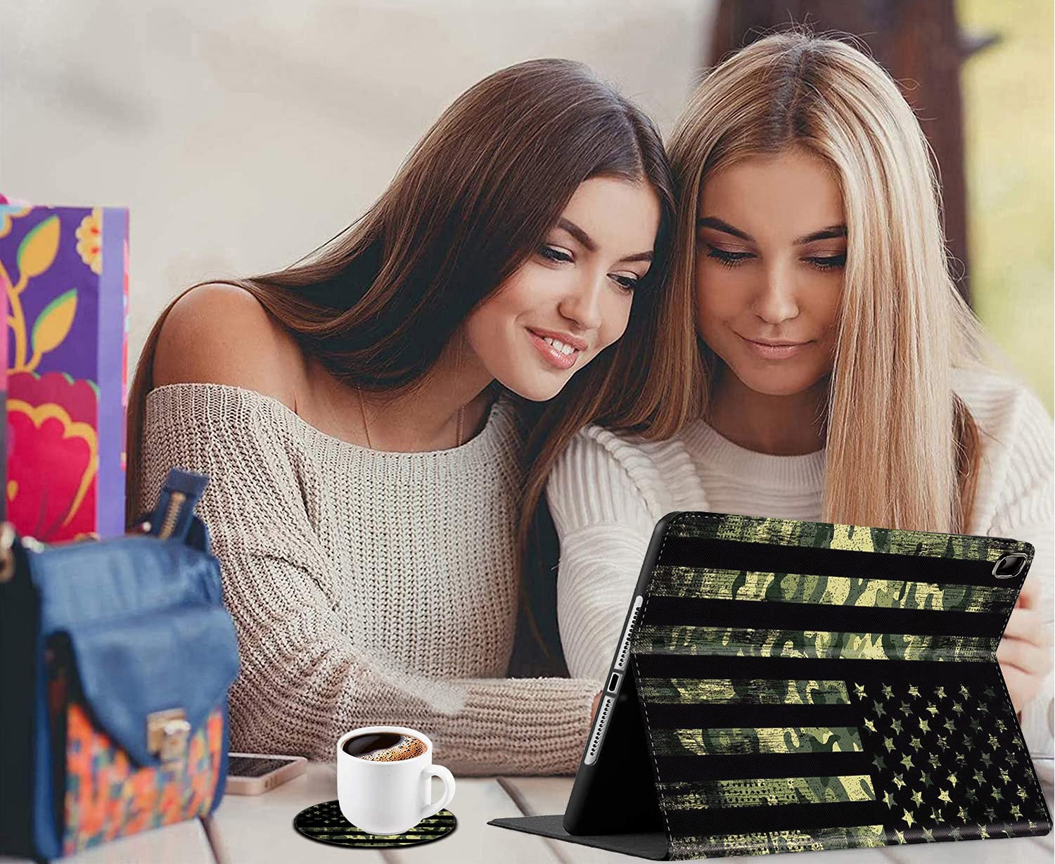 Case for iPad 10.2 8th Gen 2020 / 7th Gen 2019 / iPad Air 10.5" 2019 / iPad Pro 10.5, Durable Shockproof Protective Cover for iPad 8th / 7th with Coasters Set Camouflage American Flag Camo