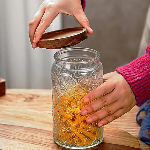 34 OZ/2 PCS Glass Storage Jar with Airtight Bamboo Wooden Lids, Vintage Food Containers Canisters Sets for Kitchen Counter Pantry, Sugar, Flour, Candy, Tea, Coffee Beans, Oats, Grain Bin, Pasta, Cereal