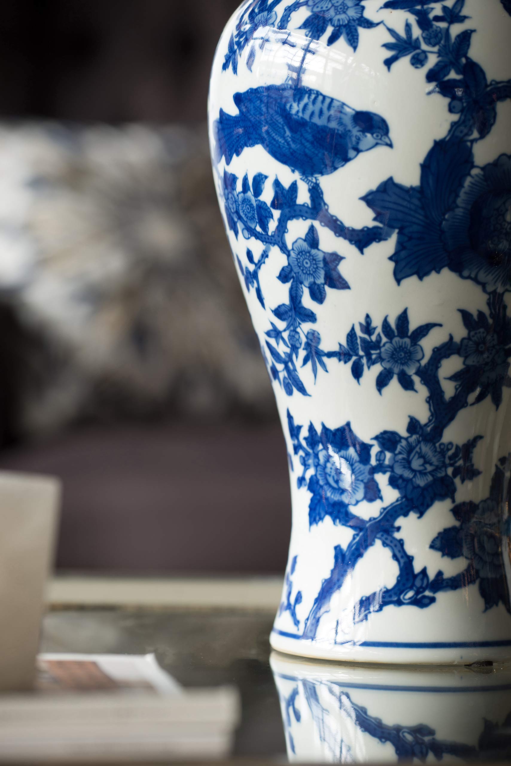 A&B Home 13'' Blue White Porcelain Jar Flower Planter Pot Home Decor Vase Hand Painted Floral Print Tall Vase Asian Decorations