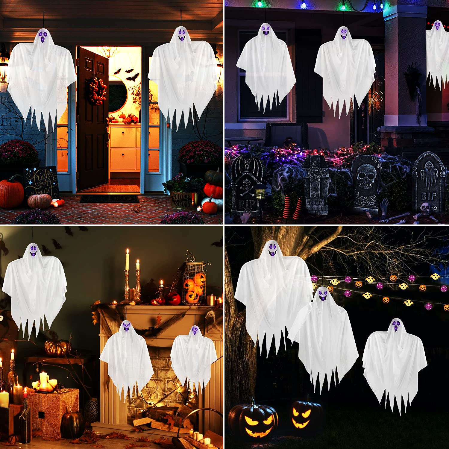 27.5” Halloween Hanging Ghosts Glow in The Dark for Halloween Party Decoration (3 Pack), Cute Flying Ghosts for Front Yard Patio Garden Tree Lawn Party Halloween Holiday Hanging Decorations