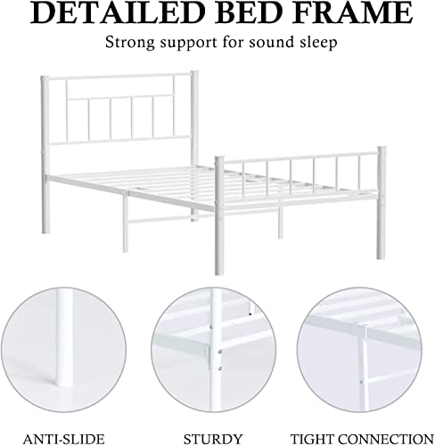 4 EVER WINNER Twin Platform Bed Frame with Headboard, Twin Bed Frames 14 Inch, Heavy Duty Steel Salt Twin Metal Bed Frames, No Box Spring Needed, Mattress Foundation, Anti-Slip (White Twin Bed)