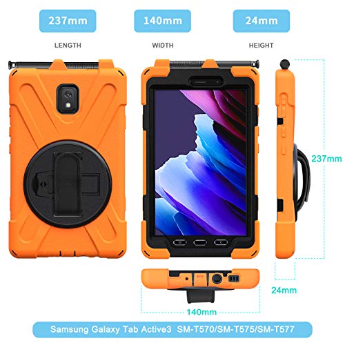 Case for Samsung Galaxy Tab Active 3 8" T570 T575 T577, Heavy Duty Shockproof Rugged 3 Layer Kids Durable Case with 360 Swivel Kickstand, Shoulder Strap & Hand Strap