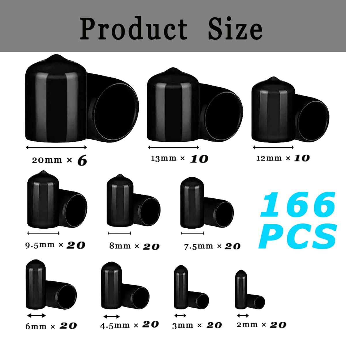 166 Pieces Rubber End Caps for Screws Bolts Rubber Screw Covers Bolt Caps Vinyl Caps Rubber Caps in 10 Sizes from 2/25 to 4/5 Inch (Black)
