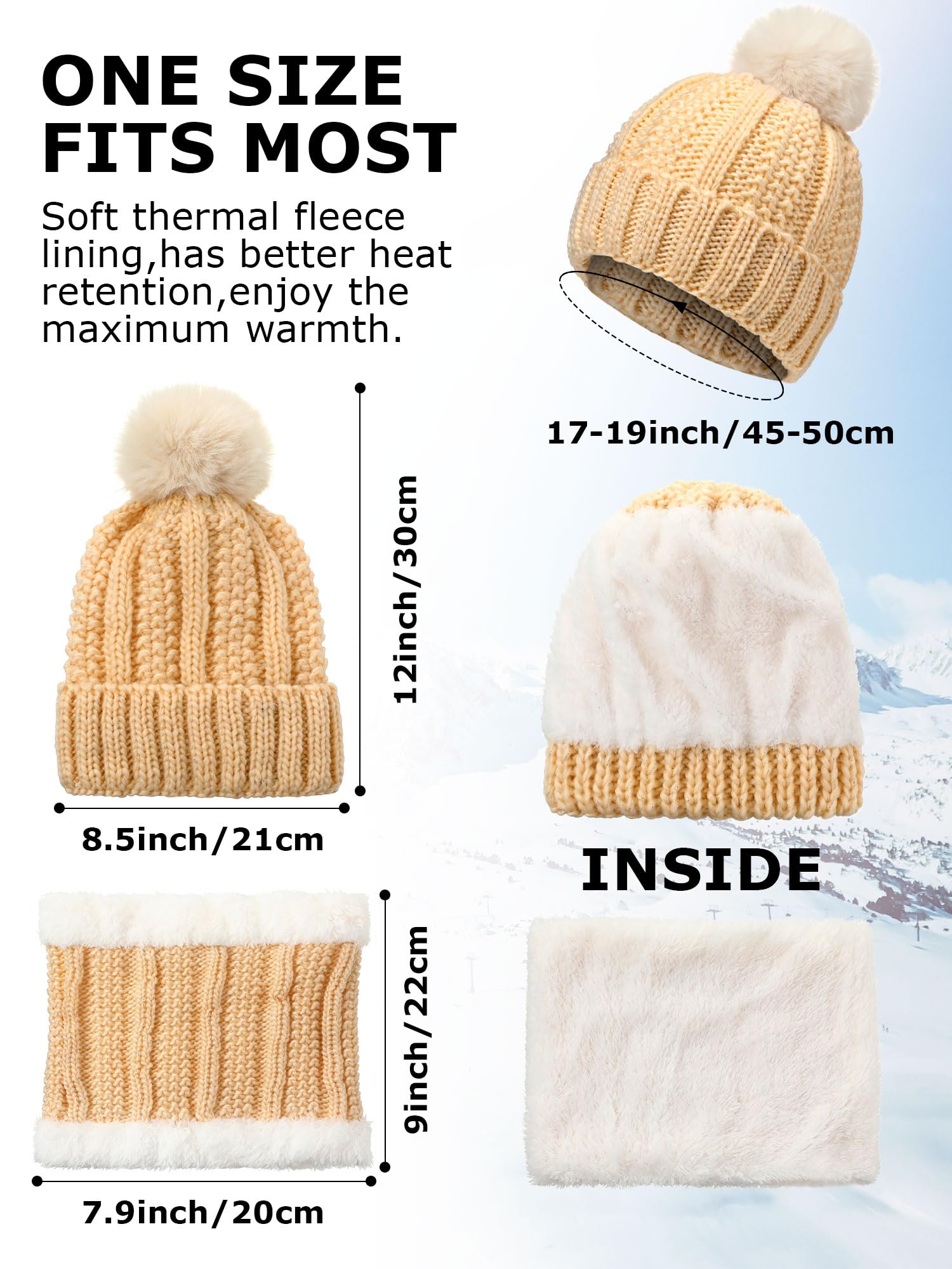 12 Pcs Winter Beanie Hat Scarf Touchscreen Gloves Set Fleece Lined Knit Beanie Hat Neck Warmer Scarf for Men Women (Black, White, Beige, Gray)