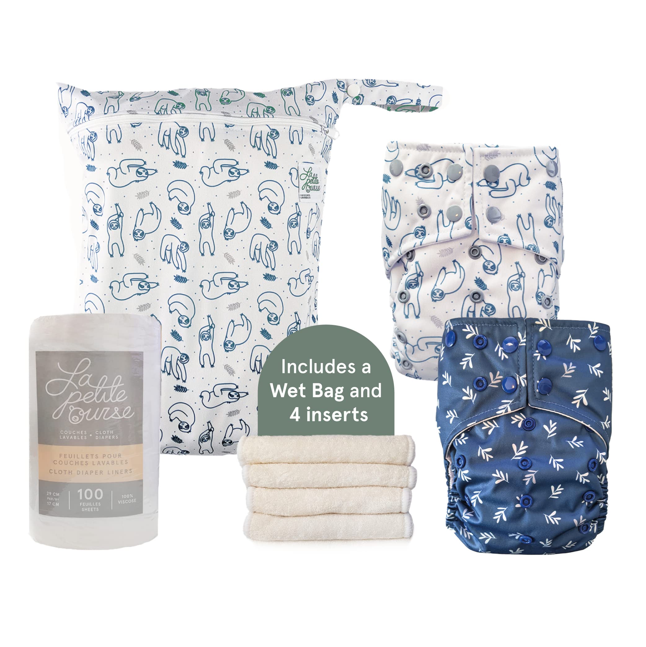 LA PETITE OURSE 2 One-Size Reusable Pocket Diapers with 4 Diaper Inserts, 1 Wet Bag and 1 Diaper Liner Roll (100 Sheets) per - The Perfect Trial Kit - Laziness