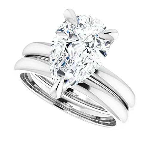10K Solid White Gold Handmade Engagement Ring 3 CT Pear Cut Moissanite Diamond Solitaire Bridal Wedding Ring Set for Her Women Minimalist Anniversary Propose Gifts