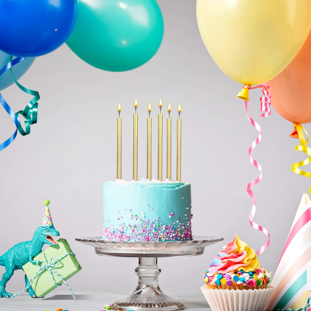 24 Count Party Long Thin Cake Candles Metallic Birthday Candles in Holders for Birthday Cakes Cupcake, Gold