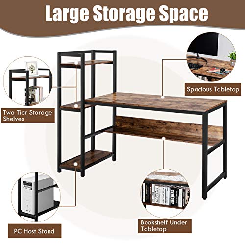 Tangkula 59-Inch Computer Desk with Bookshelf, Home Office Desk with Storage Bookshelf, Metal Frame & Adjustable Foot Pads, Space Saving Computer Workstation Study Writing Desk