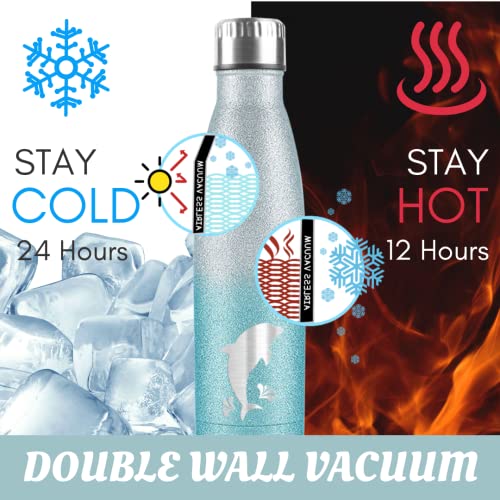 Onebttl Dolphin Gifts for Women, Dolphin Gifts For Christmas, Stainless Steel Glitter Bottle 17oz, Silver-Blue