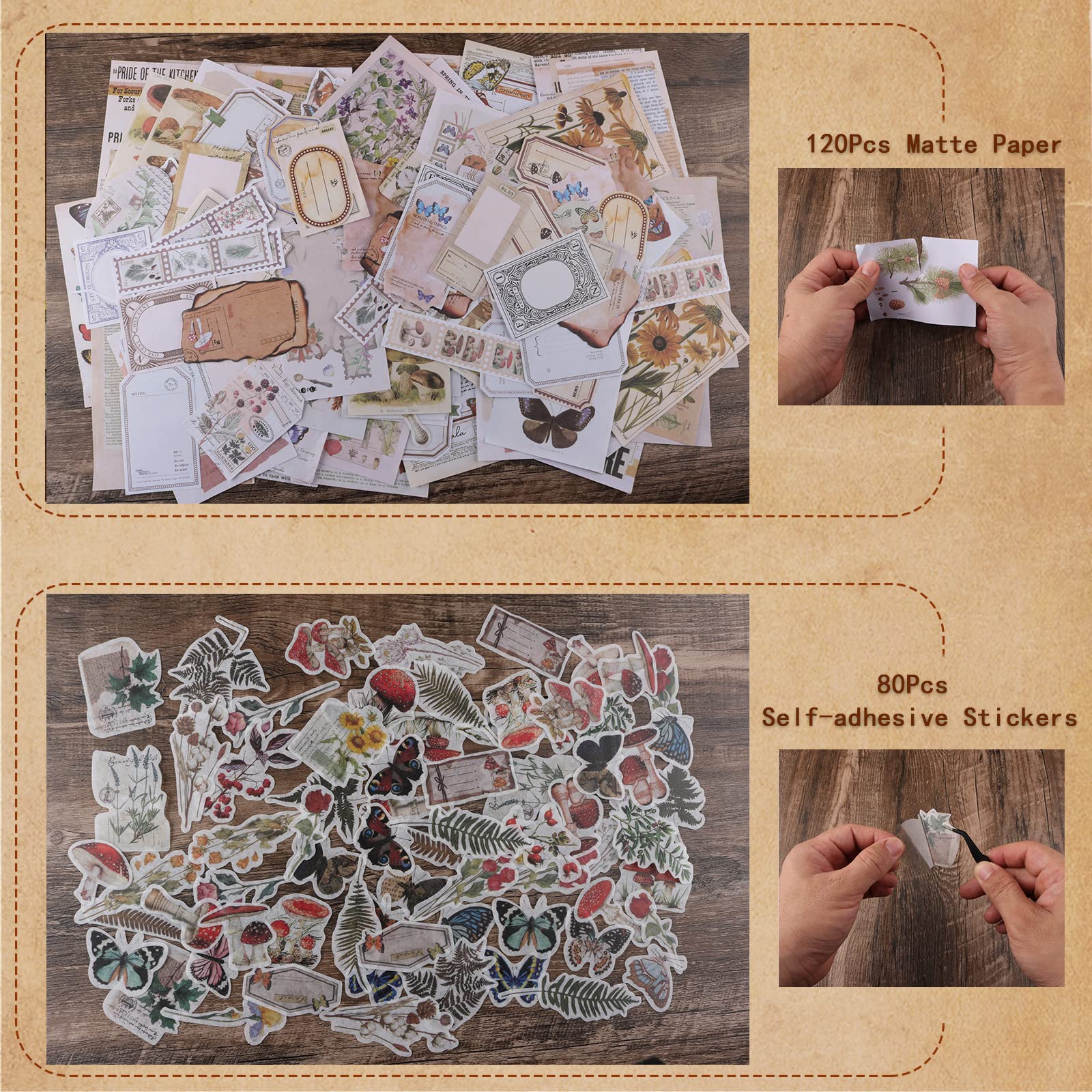 200Pcs Vintage Scrapbook Stickers, Aesthetic Junk Journal Stamping Supplies Kit, Scrapbooking Ephemera Washi Paper for Bullet Journaling Planners Diary Collage