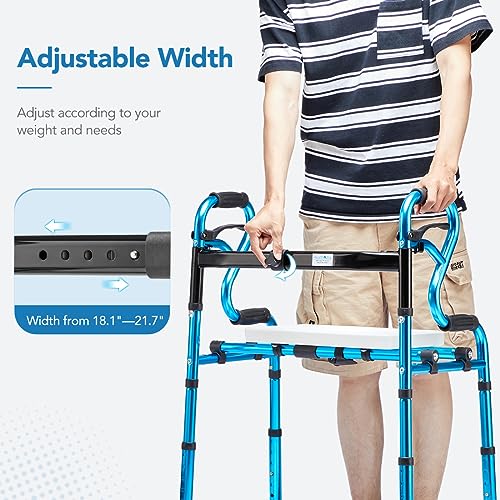 4 in 1 Folding Walker with Detachable Seat by Health Line Massage Products, Width Adjustable Folding Walkers with 5β Wheels and Extra 2 Skis, Compact Adults Walker for Seniors Support Up to 350lbs