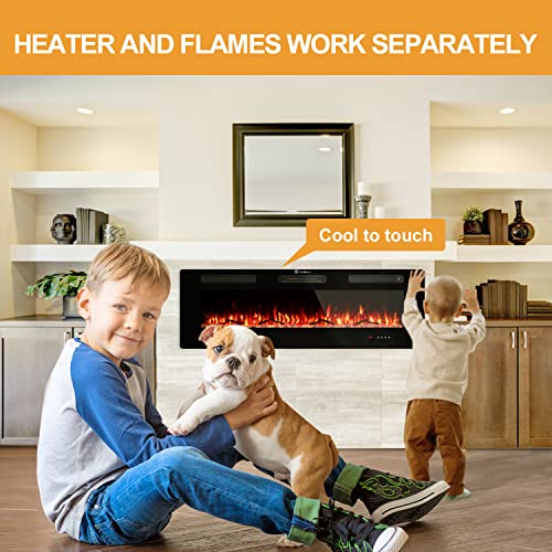 50" Electric Fireplace, Cool to The Touch Fireplace Heater, Recessed and Wall Mounted Fireplaces with Timer Remote Control Adjustable Flame Color, Black NO Bracket