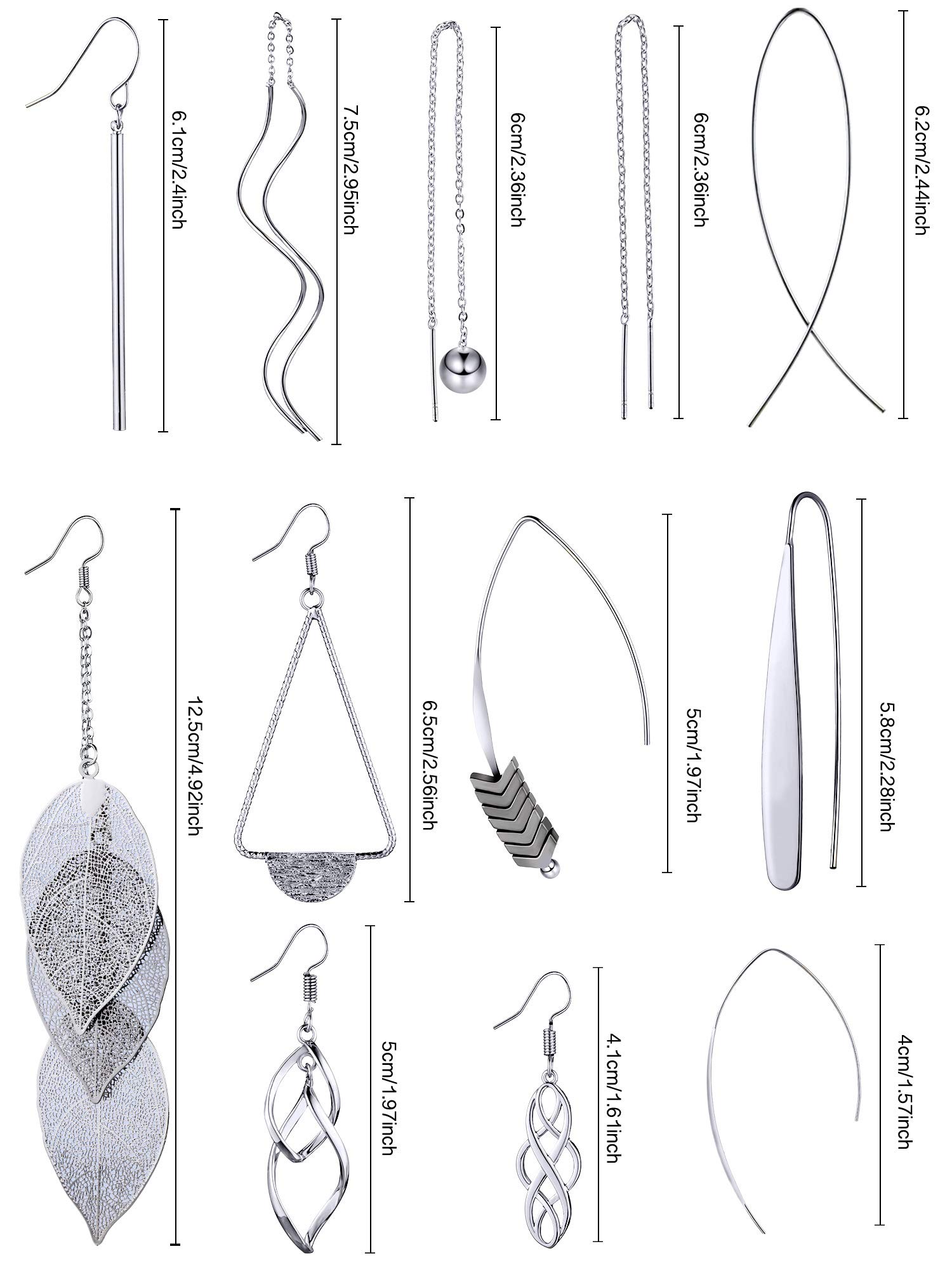 13 Pairs Metal Drop Dangle Earrings Set Curved Threader Dangle Earrings Double Twist Wave Long Bar Arrow Leaf Earrings (Silver)