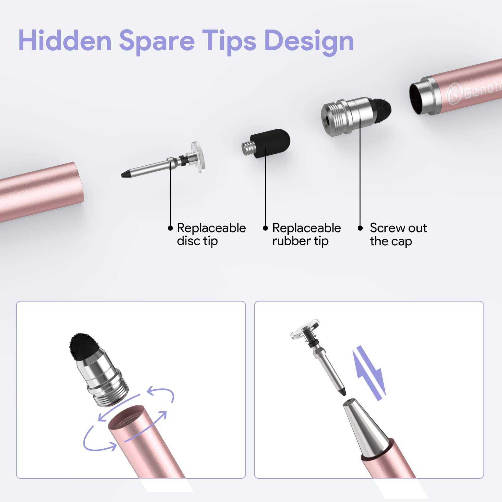 Benote Stylus Pen for Touch Screen, Fine Tip Stylus with Rubber Tip Disc Tip High Sensitivity Drawing Writing Tablet Pen for ipad, iPhone, Apple, Android, hp Chromebook, Phone - Rose Gold