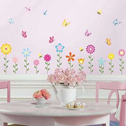 IKEYU Garden Flower Wall Decals Colorful Flower Wall Stickers Spring Garden Wall Stickers Flower Butterfly Wall Stickers for Bedroom Girls Room Kids Nursery