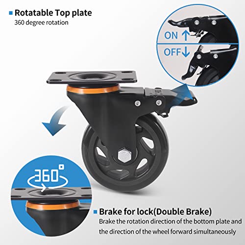 4 Inch Caster Wheels, Casters Set of 4 Heavy Duty with Brake, Polyurethane Foam No Noise Wheels, Safety Dual Locking Plate Industrial Casters, Loading 2000lbs (Two Sets Hardward Kits)