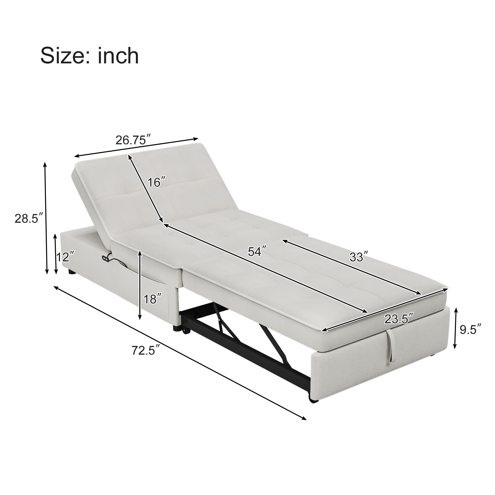 4-in-1 Sofa Bed, Chair Bed, Multi-Function Folding Ottoman Bed with Storage Pocket and USB Port for Small Room Apartment,Living Room,Bedroom,Hallway,White