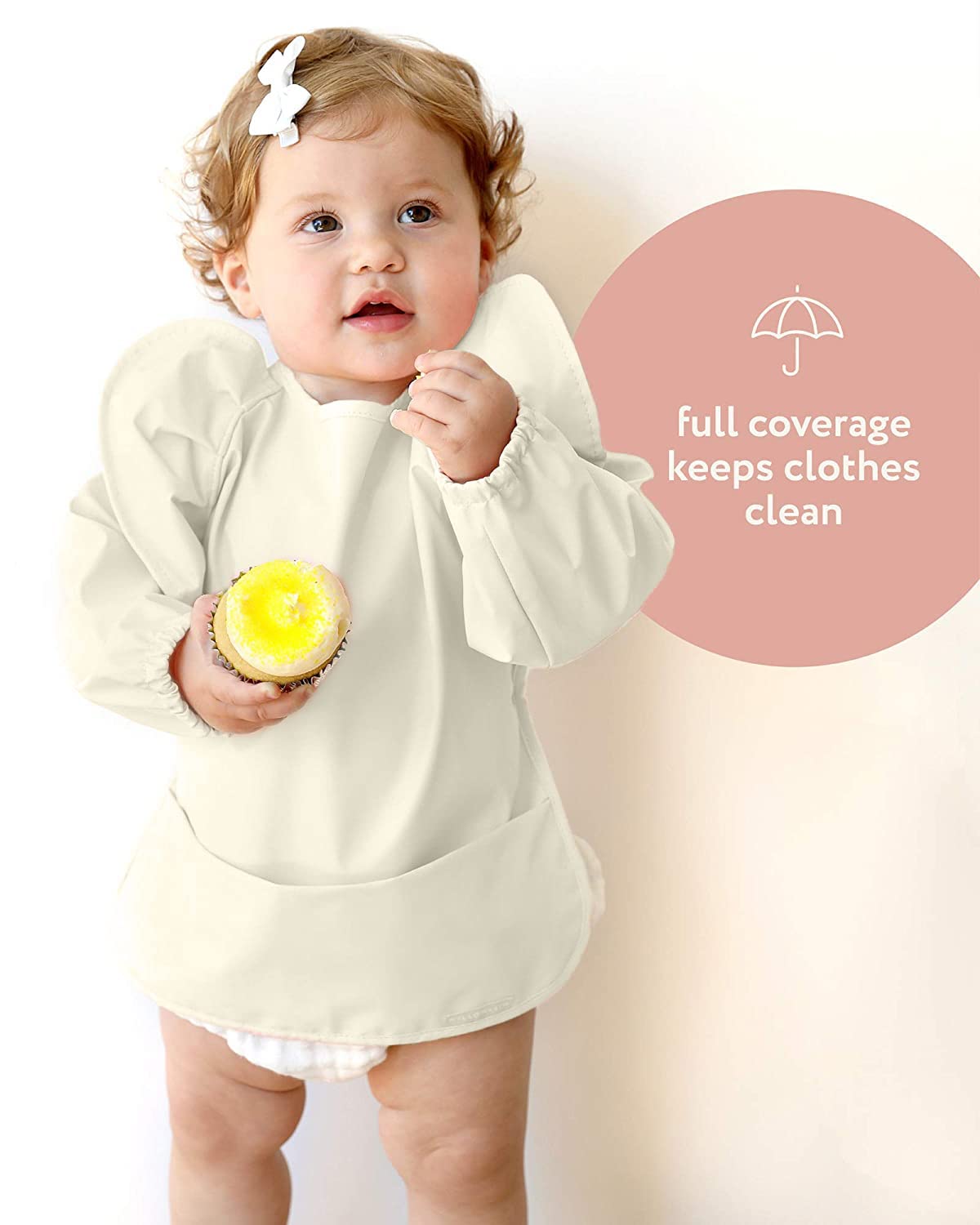WILLOW + SIM Long Sleeve Baby Bib - Mess-Proof Feeding Bib for Babies 6-24 Months - Antique White