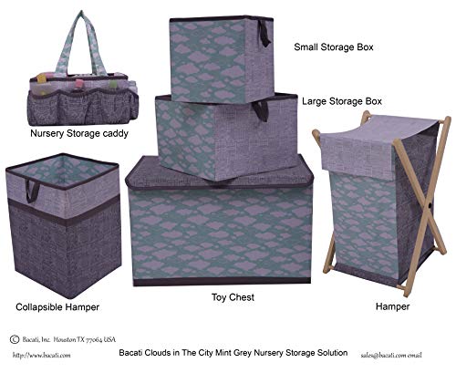 Bacati Clouds in The City Hamper with Wooden Frame, Mint/Grey
