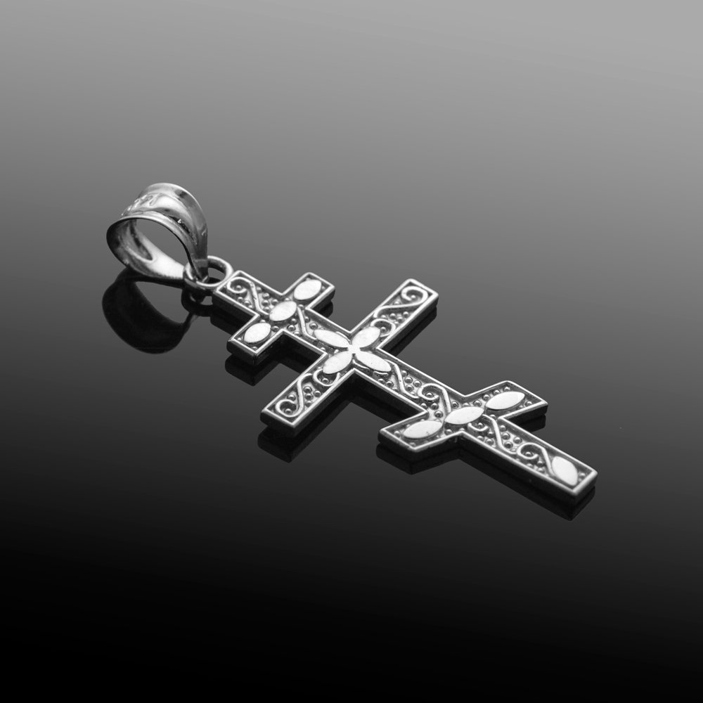 10k White Gold Russian Orthodox Cross Pendant