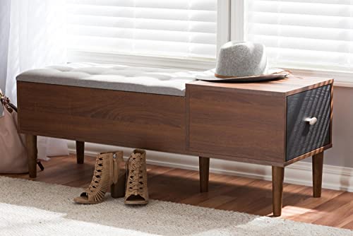 Baxton Studio Merrick Bench Shoe Rack Cabinet Brown//Medium Wood/Mid-Century/Fabric Polyester 100%"/Engineered Wood/Faux Wood Veneer/Powder Coated Vinyl (Legs)/Foam