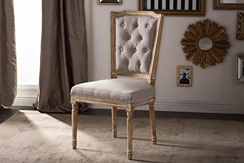 Baxton Studio Estelle Shabby Chic Rustic French Country Cottage Weathered Oak Linen Button Tufted Upholstered Dining Chair, Medium, Beige