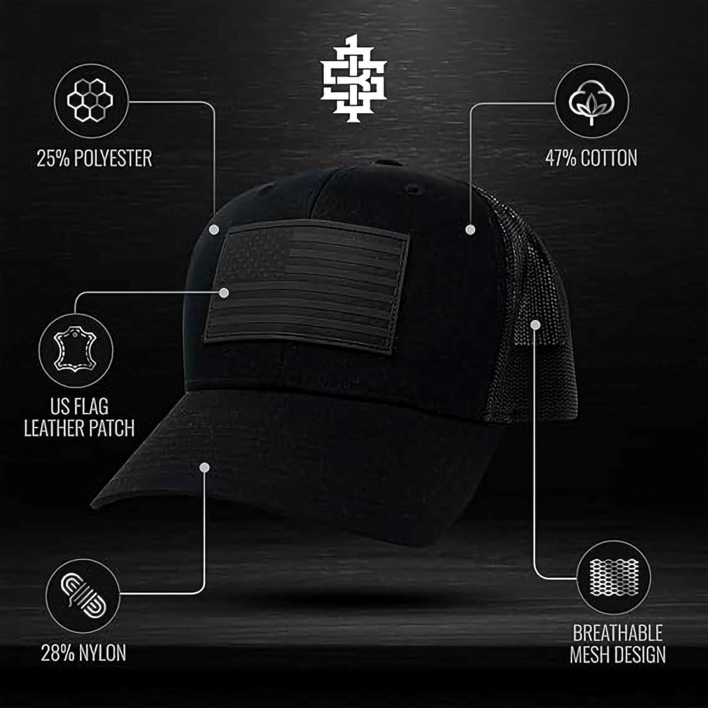 13 STRIPES American Flag Hat β Leather Patch Mesh Back Snapback Hat for Men & Women USA Flag Trucker Hat, Casual Unisex Hat - Blackout