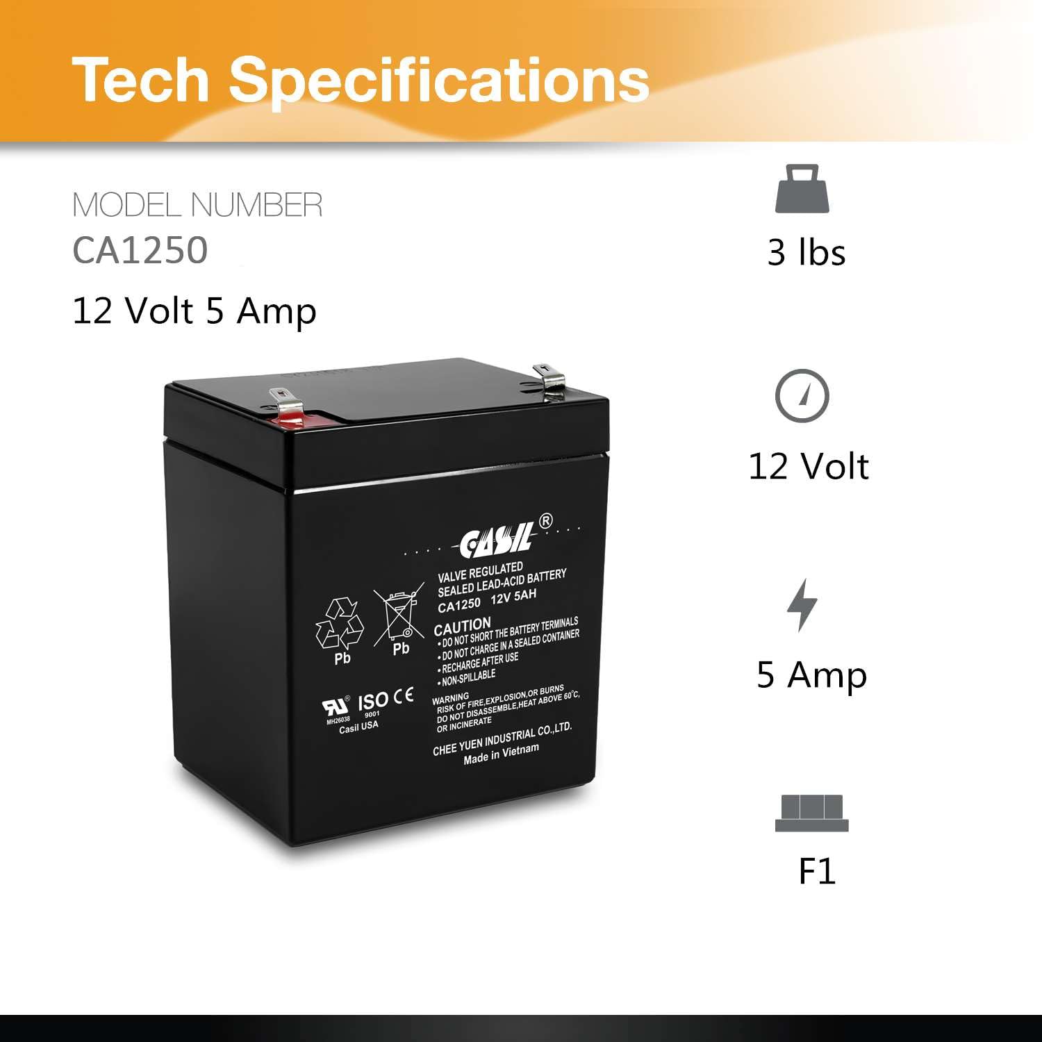 Casil 12V 5Ah Battery SLA AGM VRLA Rechargeable Replacement for Alarms, Security, Garage Door Openers for Chamberlain, Genie, Liftmaster, Craftsman, Workhorse