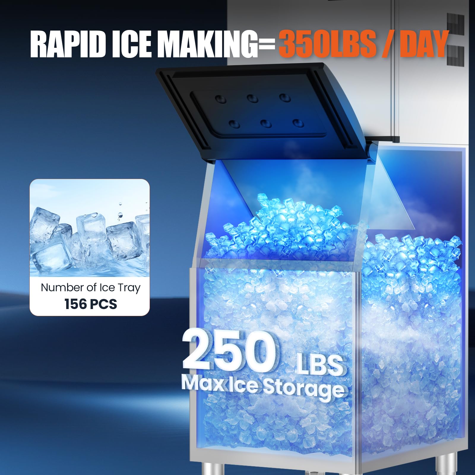 350Lbs/24H Commercial Ice Maker Machine, Pro Compressor&ETL Approval, Industrial Ice Machine, 250Lbs Storage Bin, 700W Auto Self-Cleaning, Stainless Steel Ice Maker for Bar/Cafe/Restaurant/Business