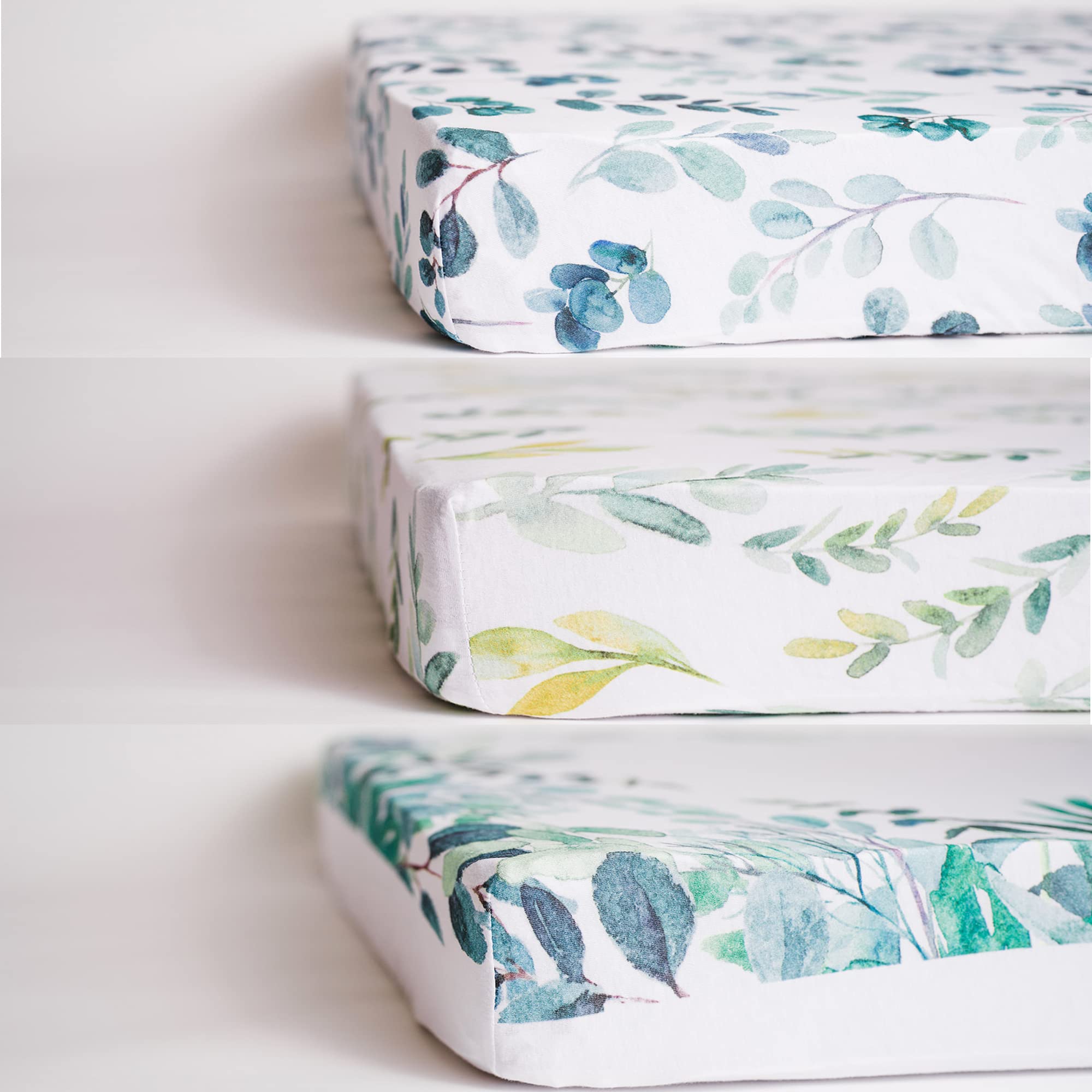 NODNAL CO. 3 Fitted Crib Sheets Leafy Set - 100% OEKO-TEX Cotton Baby Girl/Boy Nursery Bedding - Gender Neutral Leaves, Greenery, Floral Eucalyptus Standard Baby Toddler Crib Mattress 28”x52”x9” Sheet