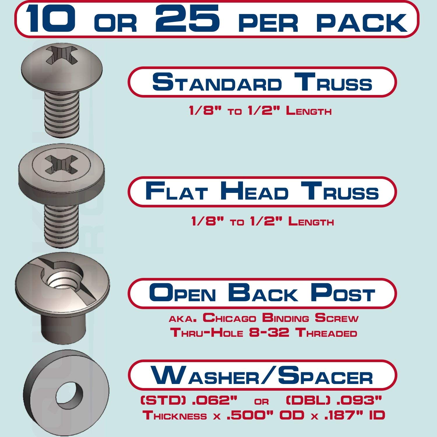 Black Chicago Screw - Thru Hole Binding Post Kit 1/8, 1/4, 3/8, 1/2 Inch Machine Screw Fasteners + Rubber Washers, QuickClipPro Kydex Leather Holster Sheath (1/8" - Flat Head 10 Pack)