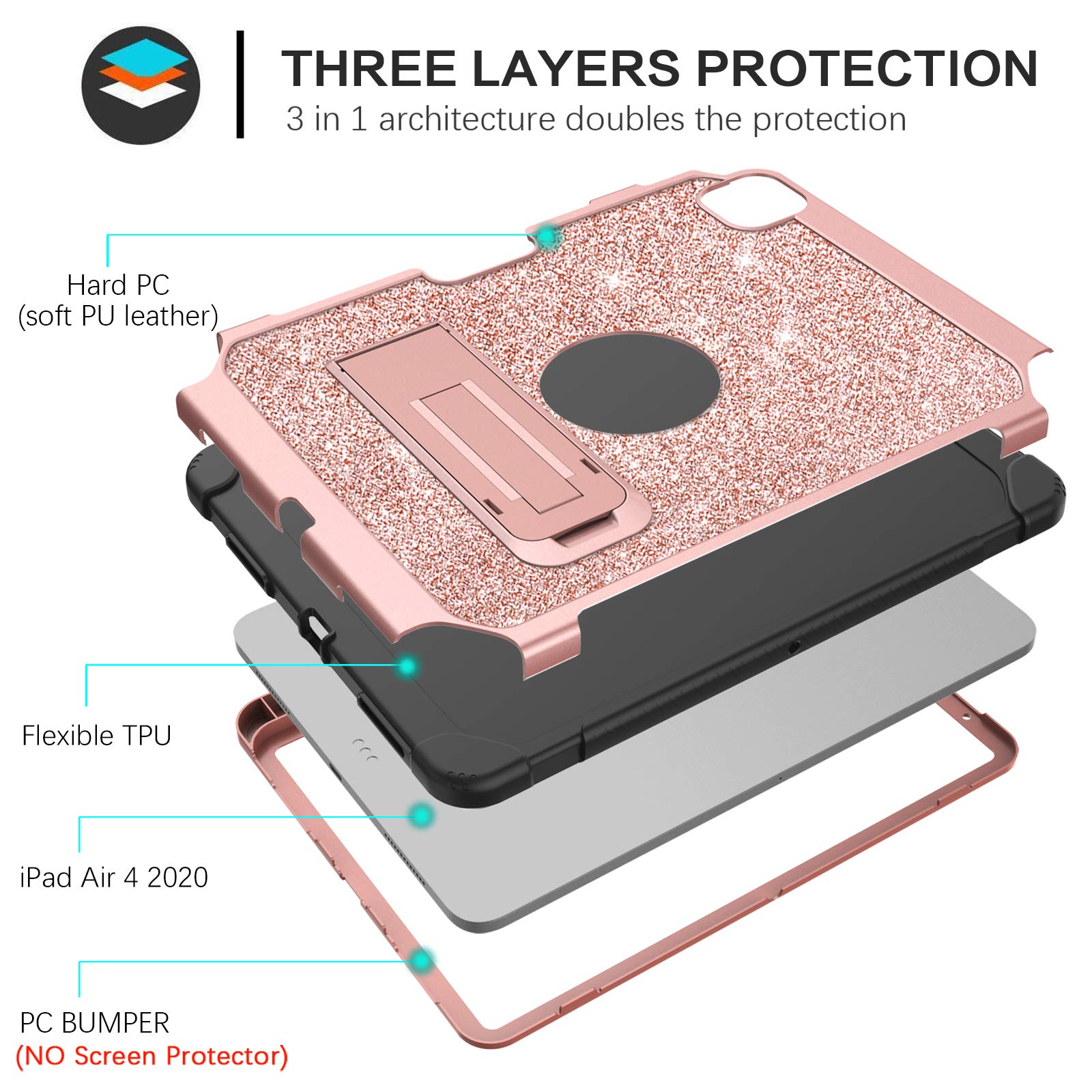 BENTOBEN iPad Air 5th Generation Case, iPad Air 4th Generation Case, Glitter Sparkly 3 Layers Shockproof Kickstand with Pencil Holder Protective Tablet Cover for iPad Air 2022/2020 10.9", Rose Gold