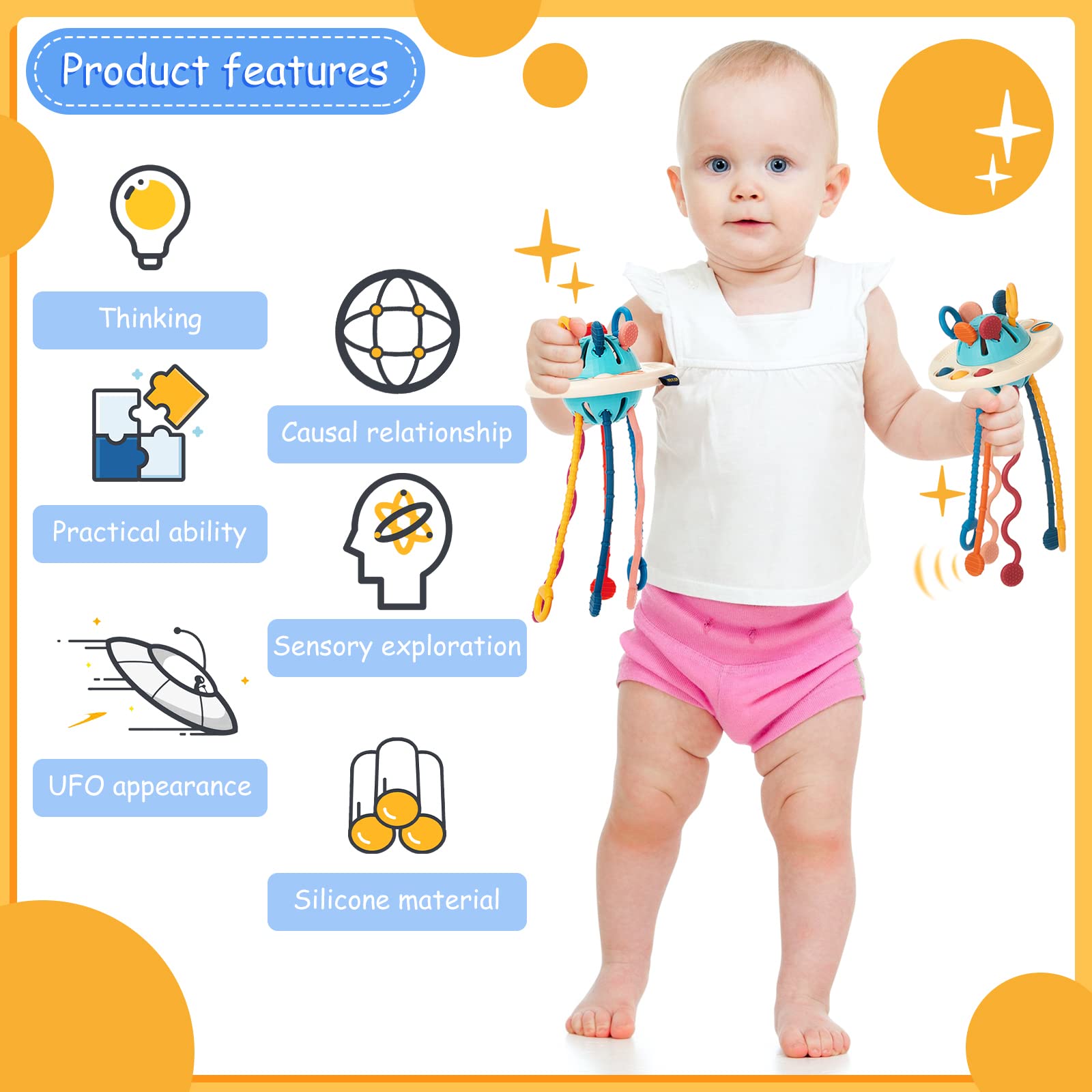 2 Pcs Silicone Pull String Interactive Toy UFO Silicone Pull Activity Toy Baby Montessori Toys Sensory Toys for Toddlers Early Development Learning Silica Gel Toy Fine Motor Skills